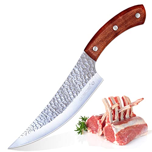 GAINSCOME Handmade Stainless Steel Boning Knife Kitchen Forged Chinese Vegetable Knives Fishing Knife Meat Cleaver Outdoor Cutter Butcher Knife Sharp A-Viking Knife Camping BBQ (7 inch)