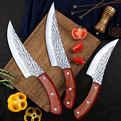 GAINSCOME Handmade Stainless Steel Boning Knife Kitchen Forged Chinese Vegetable Knives Fishing Knife Meat Cleaver Outdoor Cutter Butcher Knife Sharp A-Viking Knife Camping BBQ (7 inch)