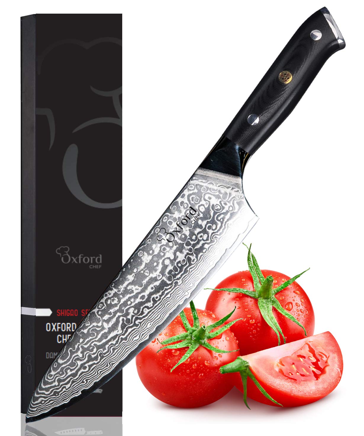 OXFORD CHEF Chefs Knife 8 inch Best Damascus- Japanese- VG10 Super Steel 67 Layer High Carbon Stainless Steel-Razor Sharp, Stain & Corrosion Resistant, Awesome Edge Retention