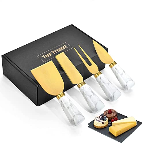 YIXIValley 4PCs Gold Cheese Knife Set, Marble Cheese Butter Spreader Cutter with Ergonomic Ceramic Handle, Stainless Steel Cheese Shaver and Fork for Birthday, Wedding, Anniversary - Gold