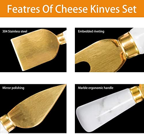 YIXIValley 4PCs Gold Cheese Knife Set, Marble Cheese Butter Spreader Cutter with Ergonomic Ceramic Handle, Stainless Steel Cheese Shaver and Fork for Birthday, Wedding, Anniversary - Gold