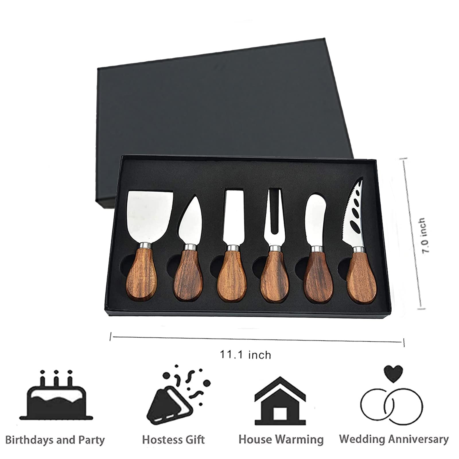 KT-GARY Premium 6-Piece Cheese Knife Set - Acacia Wood Handle Stainless Steel Cheese Knives for Charcuterie Board