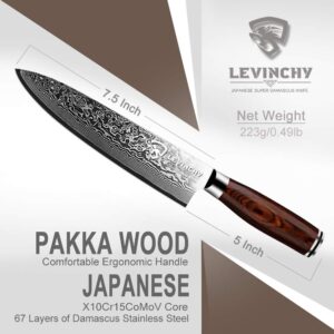 LEVINCHY Damascus Chef's Knife 8 inch Professional Handmade Damascus Stainless Steel Kitchen Knife, Superb Edge Retention, Stain & Corrosion Resistant, Ergonomic PAKKA Wood Handle