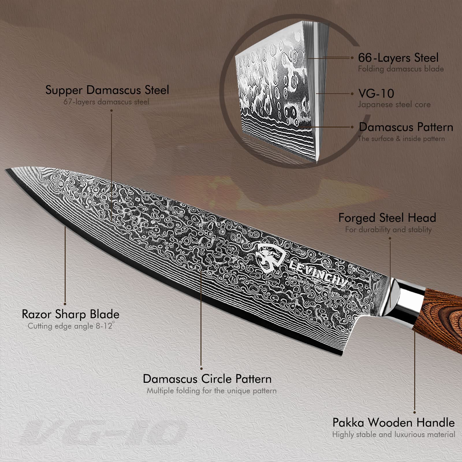 LEVINCHY Damascus Chef's Knife 8 inch Professional Handmade Damascus Stainless Steel Kitchen Knife, Superb Edge Retention, Stain & Corrosion Resistant, Ergonomic PAKKA Wood Handle