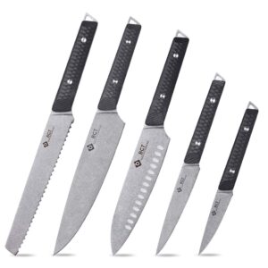 bgt kitchen knife set, 5pcs professional chef knife set with bag, stonewashed swedish sandvik 12c27 steel kitchen knife set with g10 handle