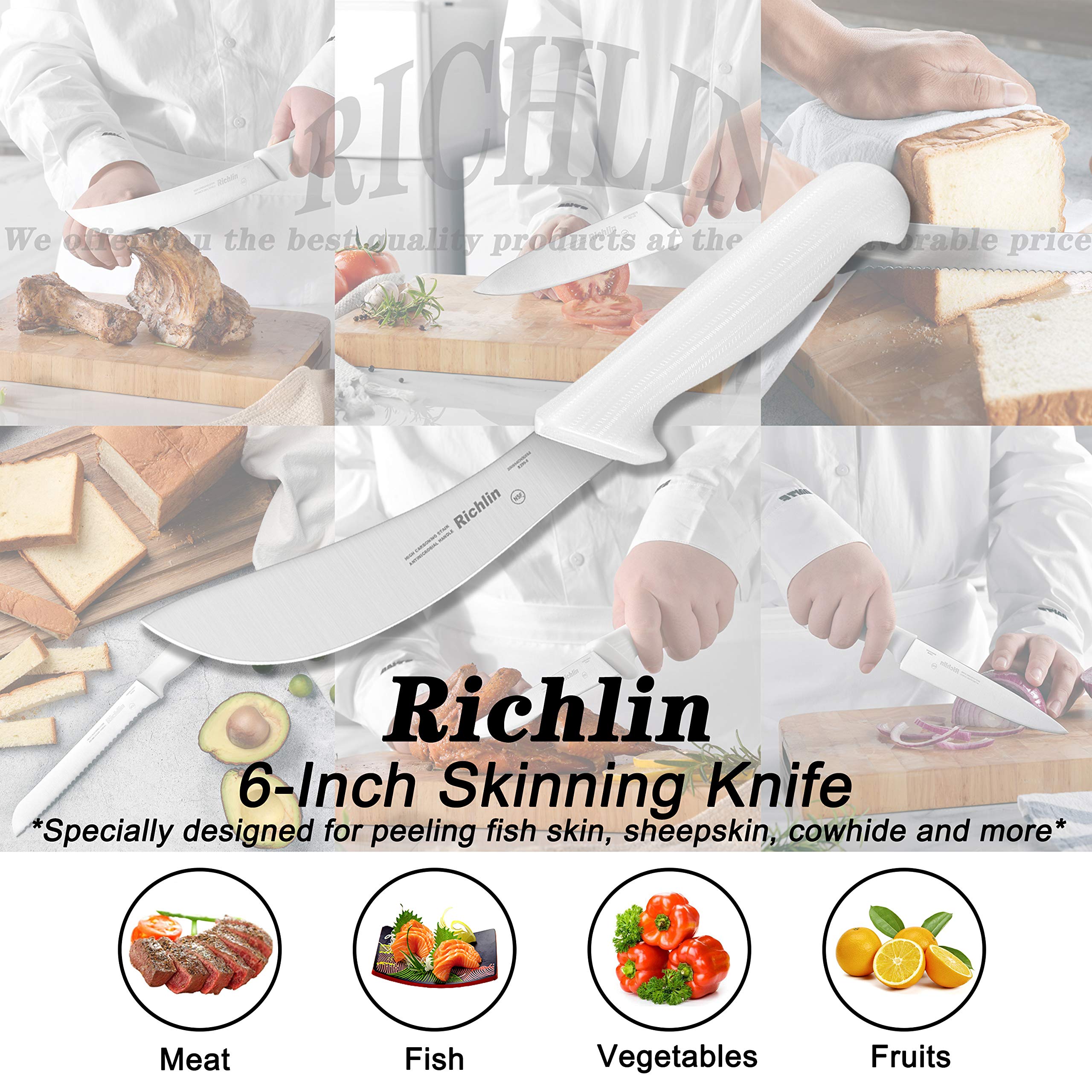 Richlin Skinning Knife,6-Inch Chef Knife Skinning Butcher Knife,Ultra Sharp Kitchen Knife Made of High Carbon Stainless Steel(White)