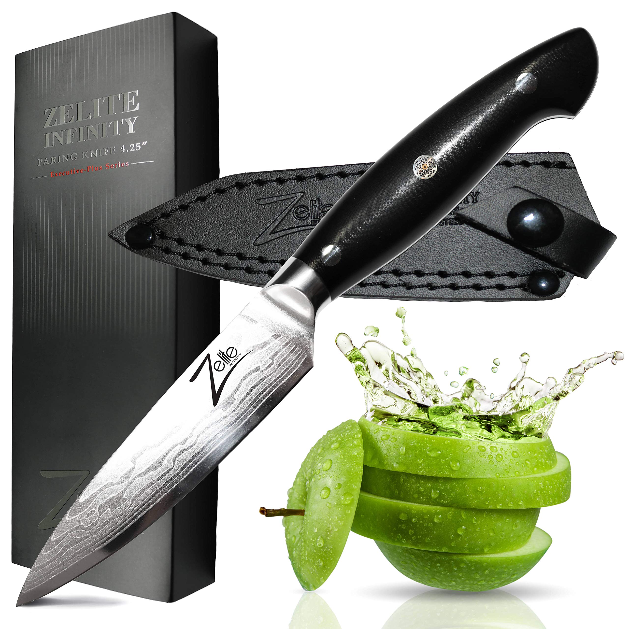 Zelite Infinity Japanese Paring Knife 4.25 Inch, Paring Knives, Small Knife, Pairing Knife Kitchen, Fruit Knife - Japanese AUS-10 Super Steel 45-Layer Damascus Knife - Deeper Blade - Leather Sheath