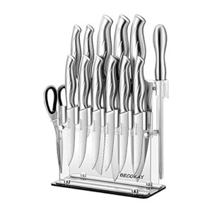 premium chef knife sets,14-piece kitchen knives with acrylic stand, full tang designed, high carbon stainless steel cutlery with knife sharpener & 6 steak knives, ergonomic handle & gifted box(silver)