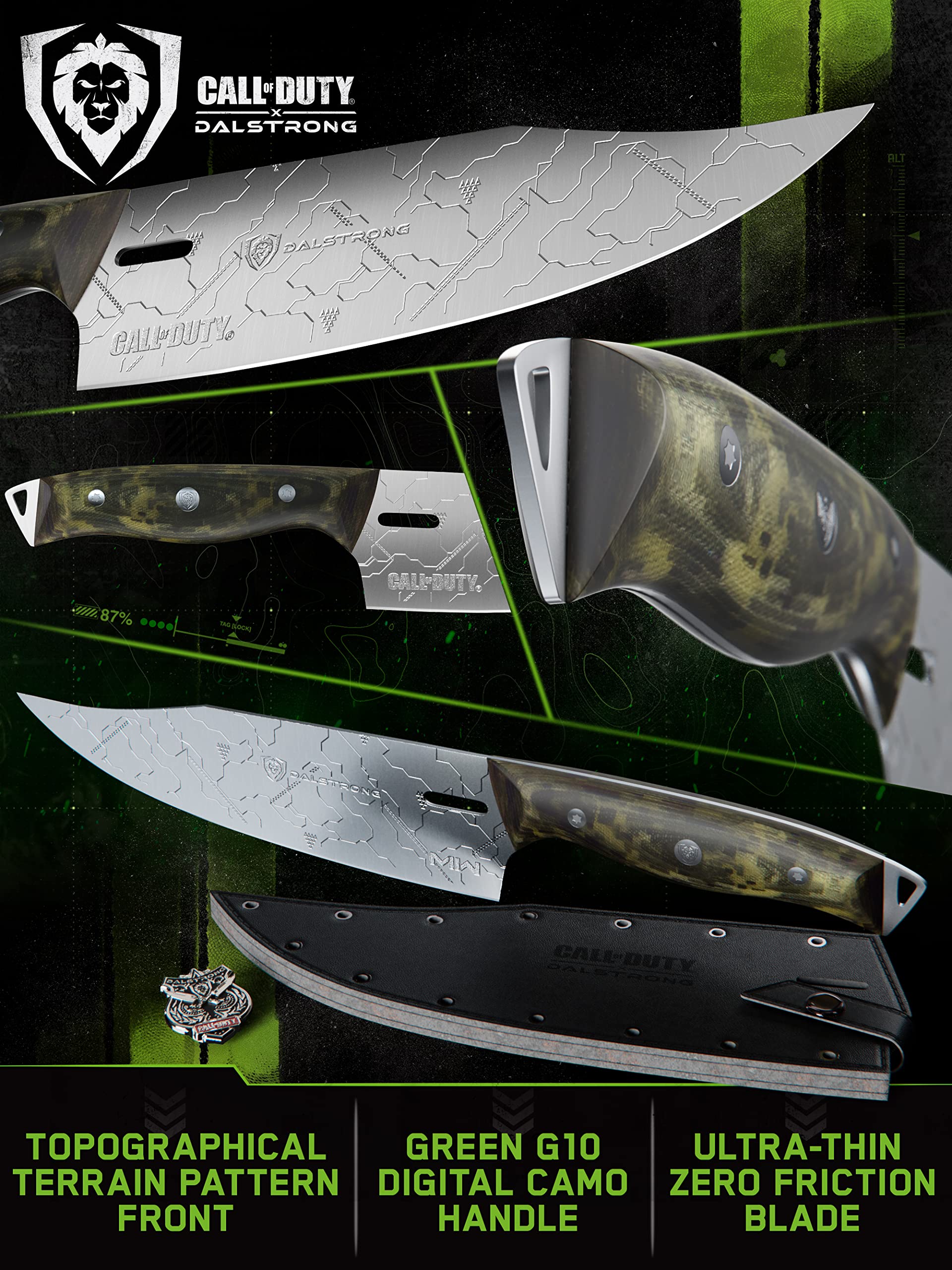 Dalstrong Chef Knife - 8 inch - Call of Duty Edition - Exclusive Collector Set - High-Carbon 9CR18MOV Steel - G10 Digital Camo Handle - Ultra-Thin Zero Friction Blade - Chef's Knife - Leather Sheath