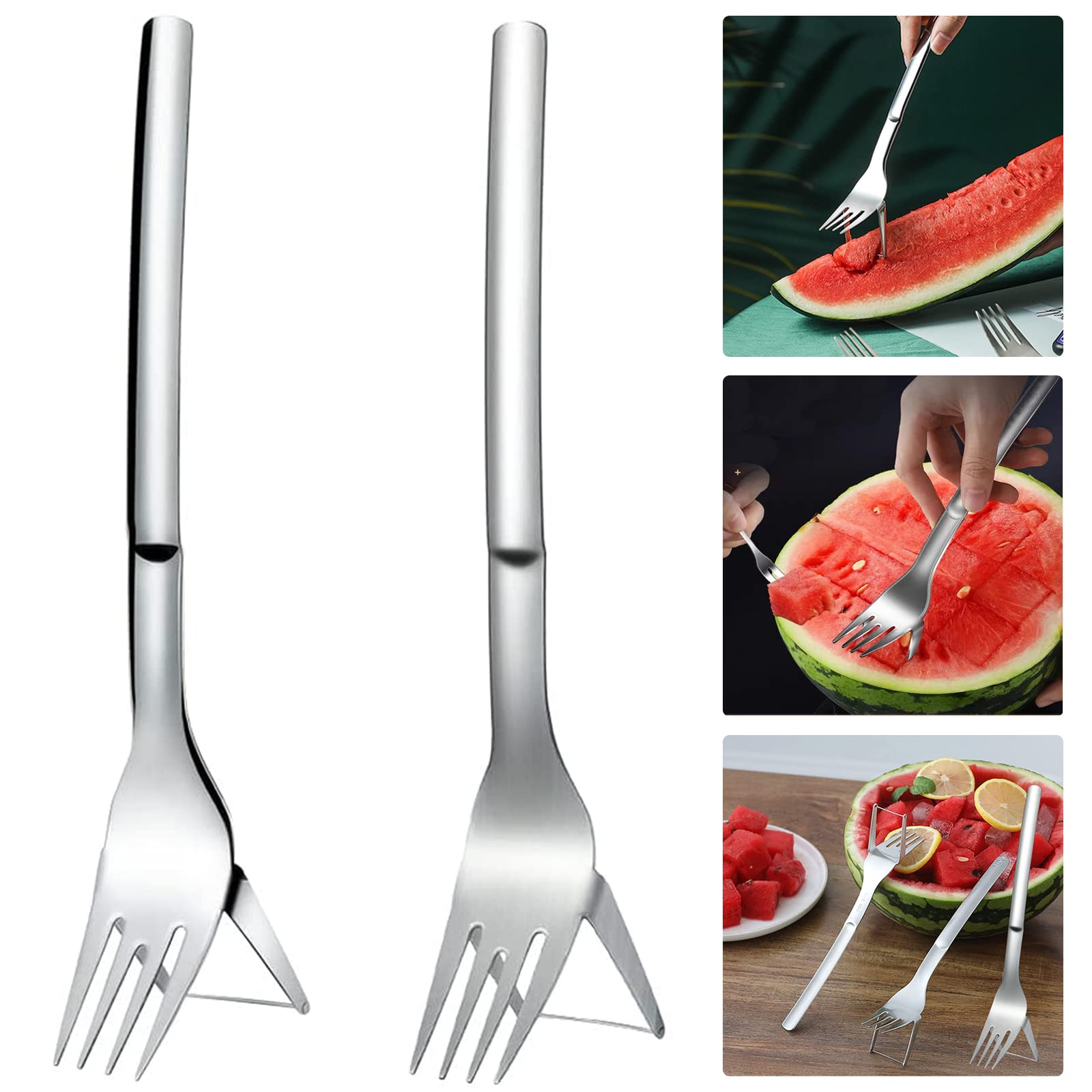 2 Pack Watermelon Fork Slicer, 2-in-1 Watermelon Slicer, Summer Watermelon Cutter, Stainless Steel Fruit Forks Slicer Knife for for Camping Kitchen