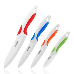 jeslon chef knives set, 4 piece multi color ceramic knives, 3inch paring knife, 4inch fruit knife, 5inch utility knife, 6inch chef knife