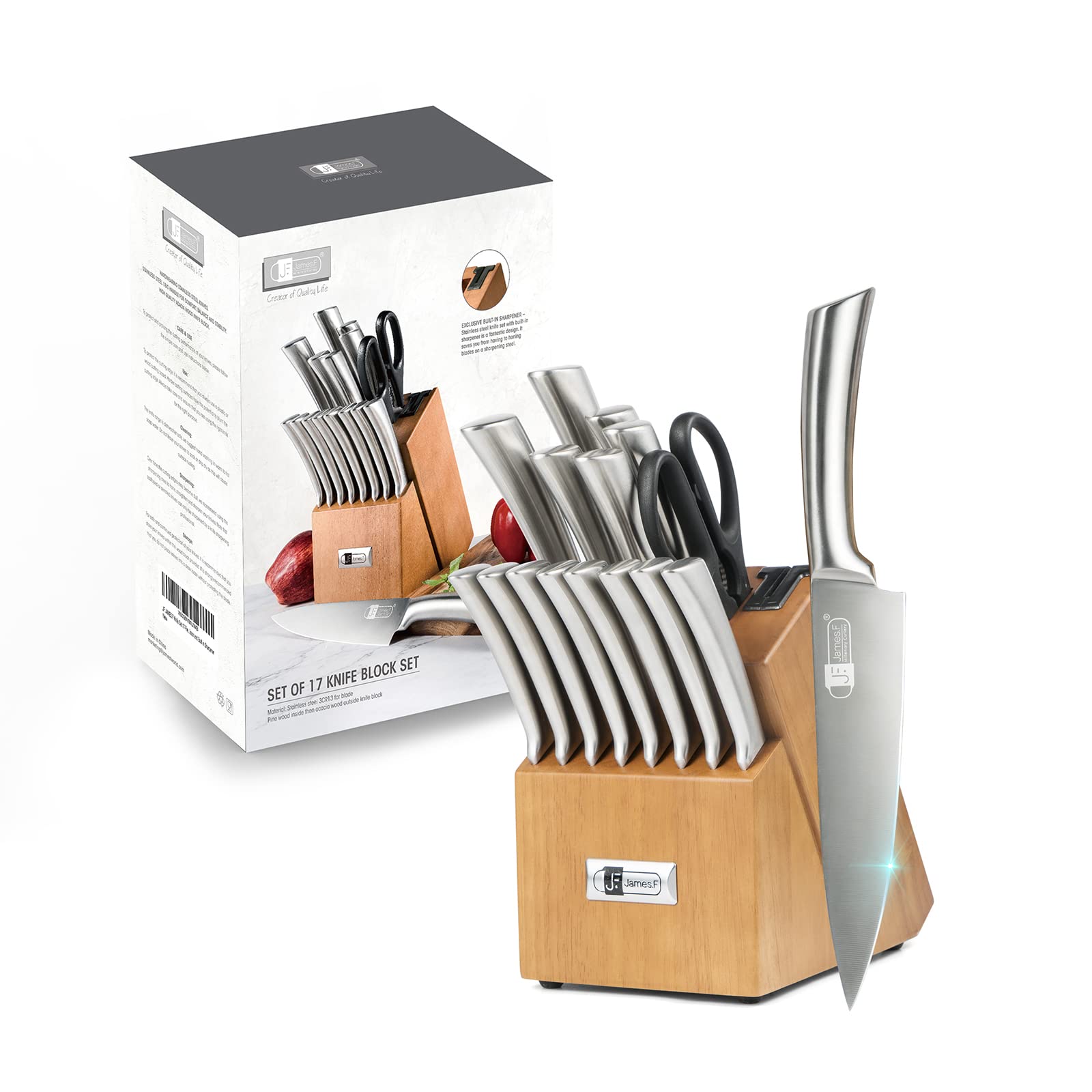 JF JAMES.F Knife Set, 17 Piece Dishwasher Safe Kitchen Knife Set with Block Super Sharp Stainless Steel Knife Sets for Kitchen with Block, Scissors & Built-in Sharpener