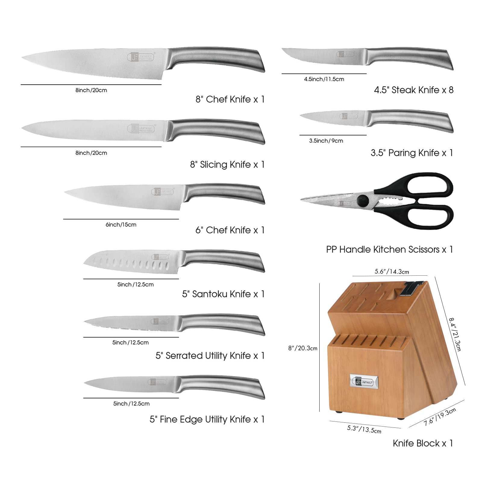 JF JAMES.F Knife Set, 17 Piece Dishwasher Safe Kitchen Knife Set with Block Super Sharp Stainless Steel Knife Sets for Kitchen with Block, Scissors & Built-in Sharpener