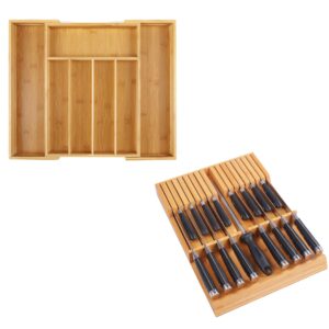 Utoplike In-drawer Knife Block Bamboo Kitchen 16 Knife Drawer Organizer and Bamboo Expandable Cutlery Organizer Tray