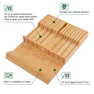 Utoplike In-drawer Knife Block Bamboo Kitchen 16 Knife Drawer Organizer and Bamboo Expandable Cutlery Organizer Tray