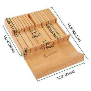 Utoplike In-drawer Knife Block Bamboo Kitchen 16 Knife Drawer Organizer and Bamboo Expandable Cutlery Organizer Tray