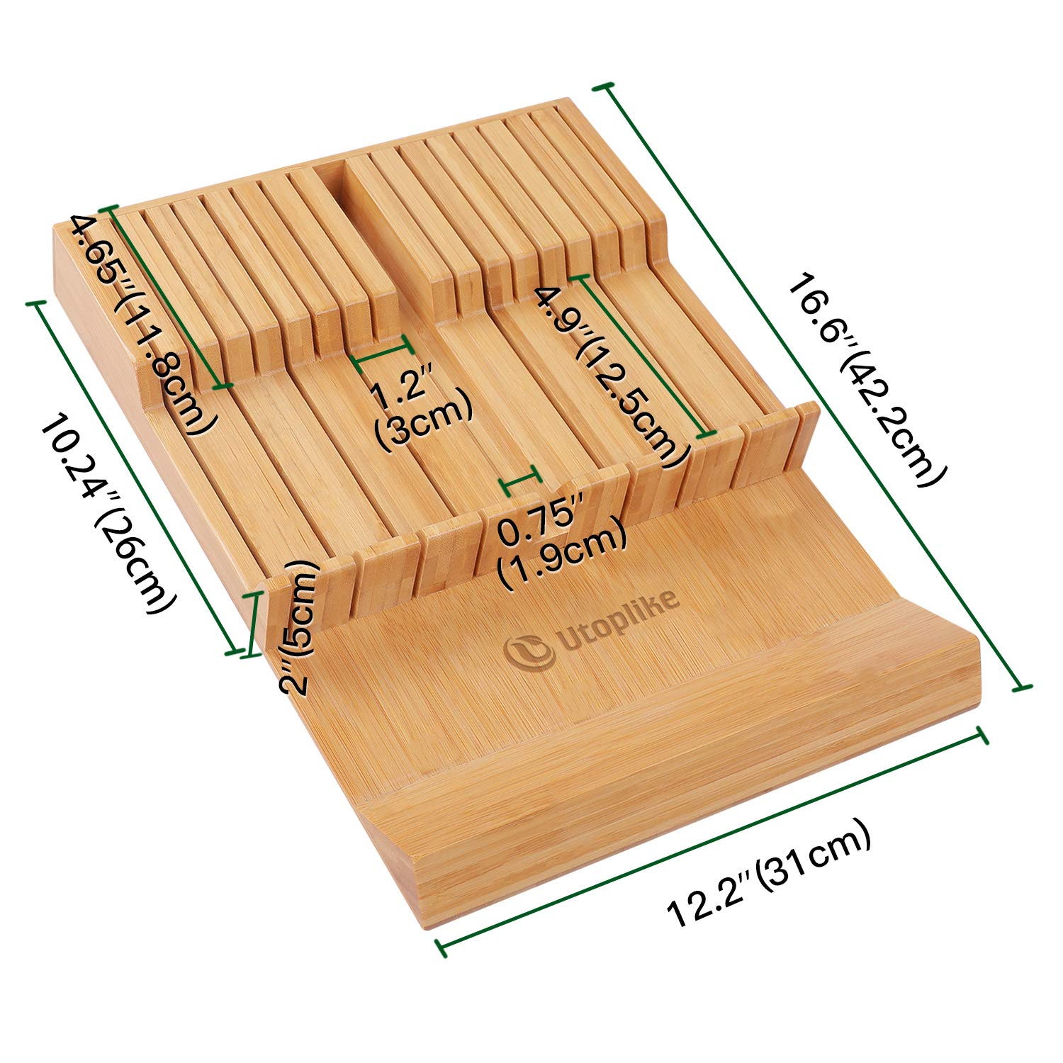 Utoplike In-drawer Knife Block Bamboo Kitchen 16 Knife Drawer Organizer and Bamboo Expandable Cutlery Organizer Tray