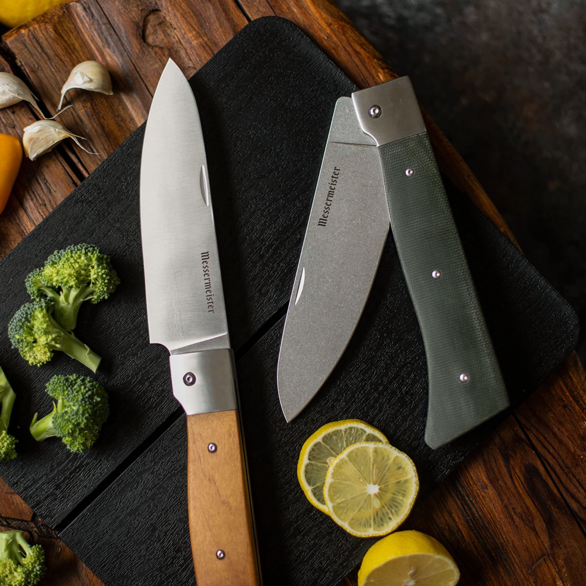 Messermeister Adventure Chef Folding 6” Chef’s Knife - German Steel & Distressed Linen Handle - Rust Resistant & Easy to Maintain