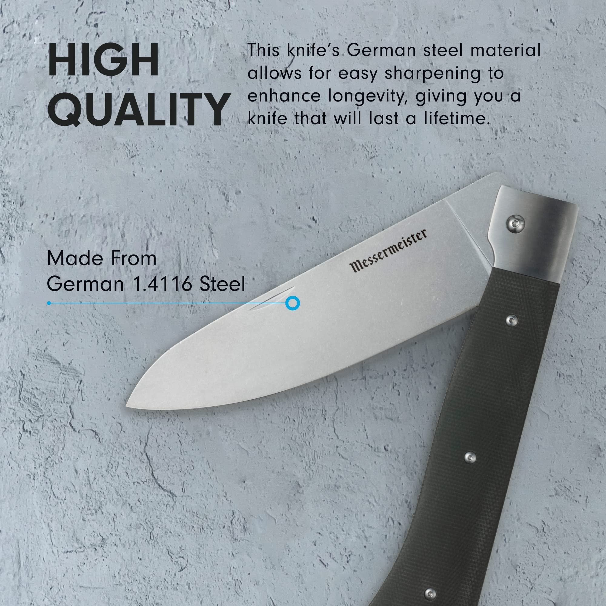 Messermeister Adventure Chef Folding 6” Chef’s Knife - German Steel & Distressed Linen Handle - Rust Resistant & Easy to Maintain