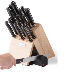 everyday solutions poweredge 15 piece knife block set with built-in electric sharpener - razor sharp forged german steel blades - multi-piece kitchen knife set with wooden block - dishwasher safe