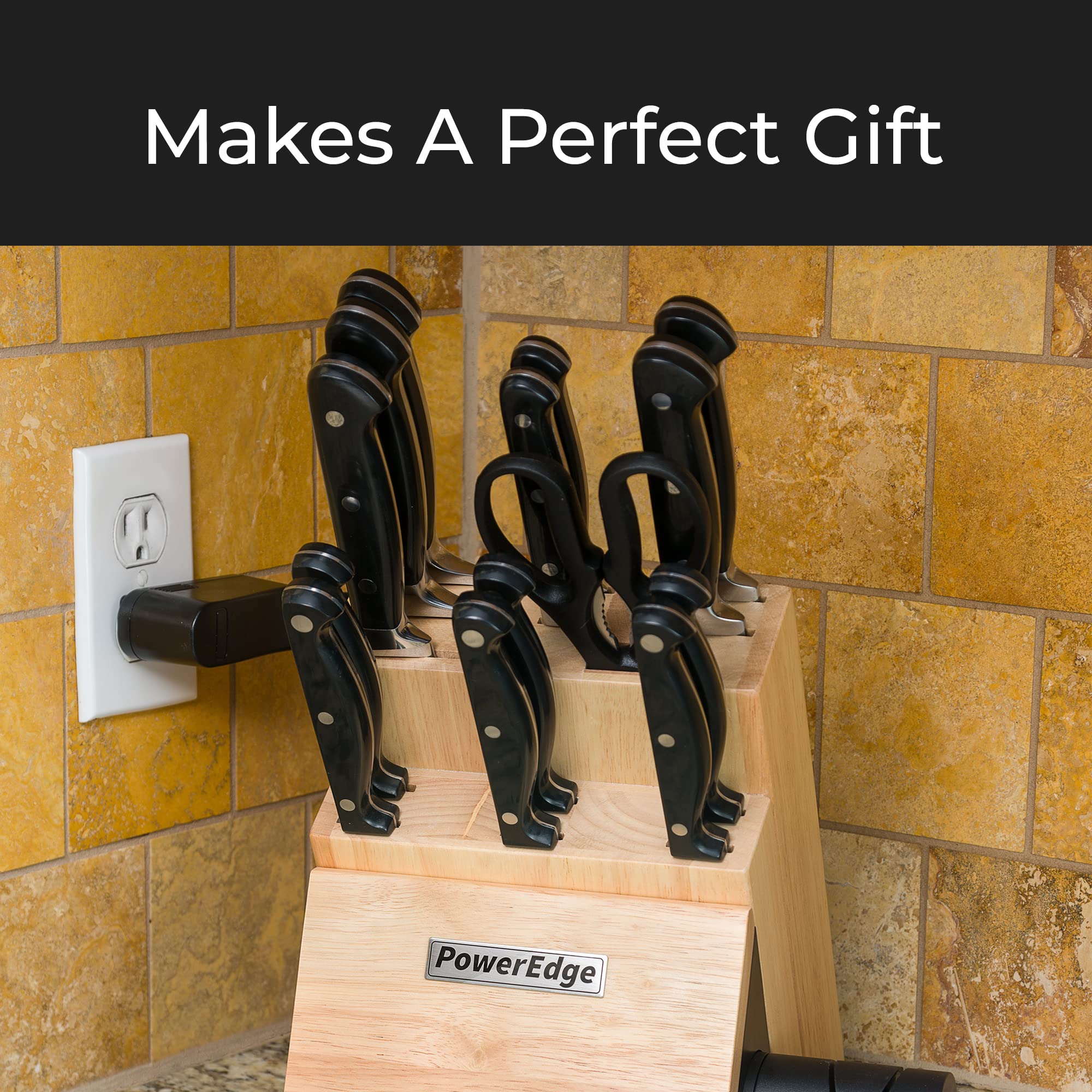 Everyday Solutions PowerEdge 15 Piece Knife Block Set With Built-In Electric Sharpener - Razor Sharp Forged German Steel Blades - Multi-Piece Kitchen Knife Set with Wooden Block - Dishwasher Safe