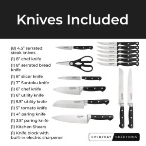 Everyday Solutions PowerEdge 15 Piece Knife Block Set With Built-In Electric Sharpener - Razor Sharp Forged German Steel Blades - Multi-Piece Kitchen Knife Set with Wooden Block - Dishwasher Safe