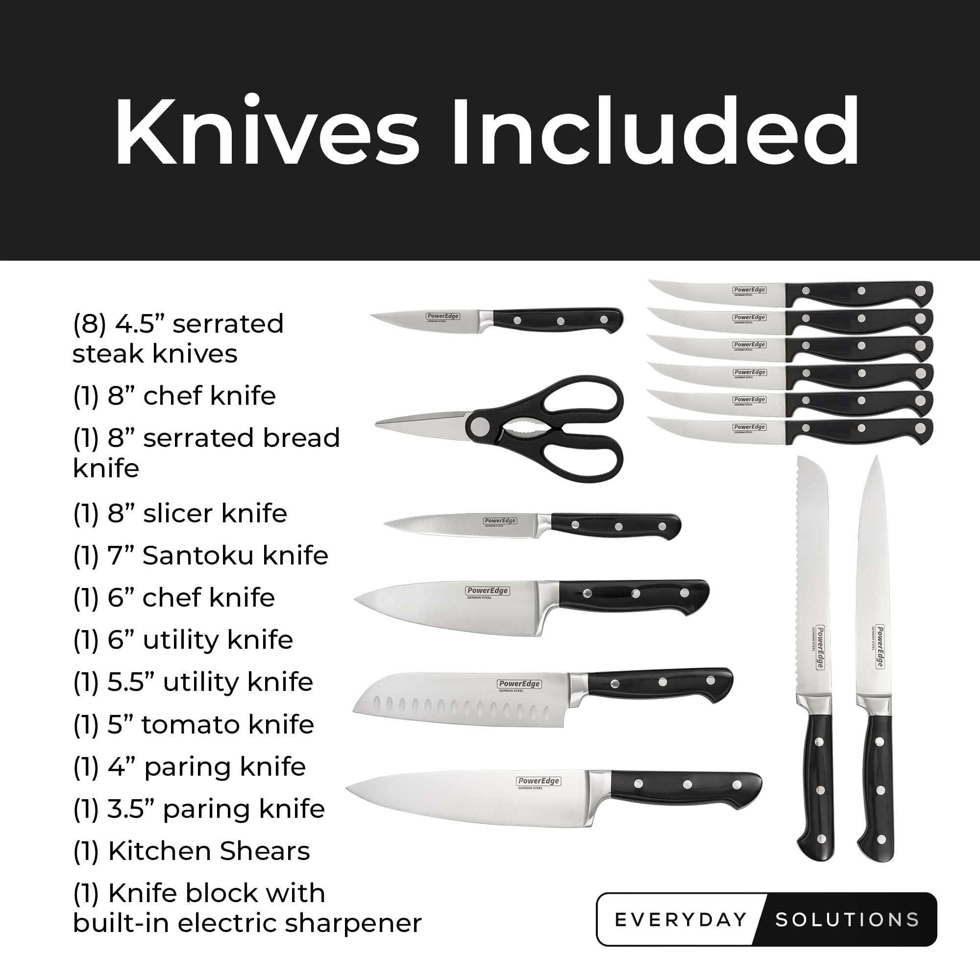 Everyday Solutions PowerEdge 15 Piece Knife Block Set With Built-In Electric Sharpener - Razor Sharp Forged German Steel Blades - Multi-Piece Kitchen Knife Set with Wooden Block - Dishwasher Safe