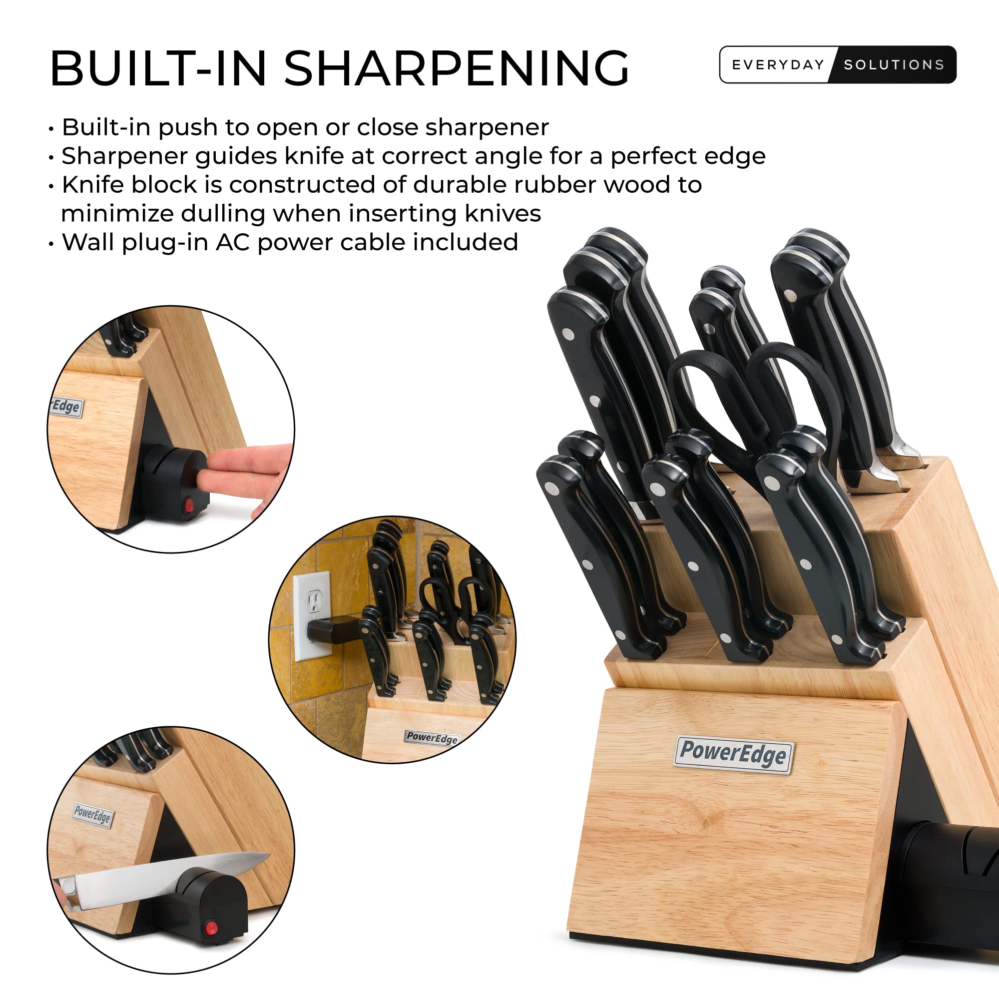 Everyday Solutions PowerEdge 15 Piece Knife Block Set With Built-In Electric Sharpener - Razor Sharp Forged German Steel Blades - Multi-Piece Kitchen Knife Set with Wooden Block - Dishwasher Safe