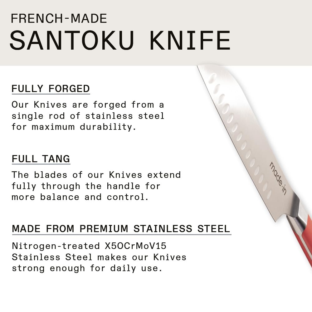 Made In Cookware - 7" Santoku Knife - Crafted in France - Full Tang With Pomme Red Handle