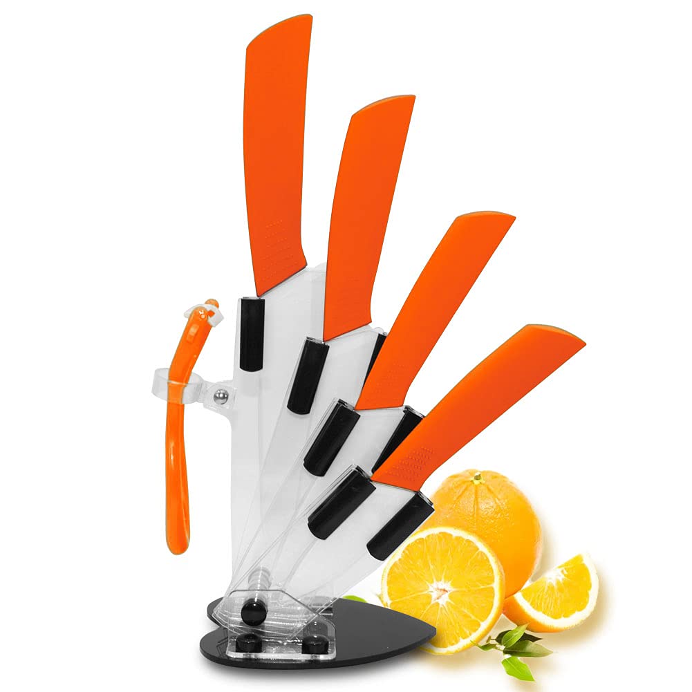 5-Pieces Ceramic Knife Set,Sharp Ceramic Knife with Block Stand,Steak Knife,Orange Kitchen Knives With Anti-Slip handle,Includes 6"Chef Knife,5"Utility Knife,4"Vegetable Knife,3"Bread Knife,1''Peeler