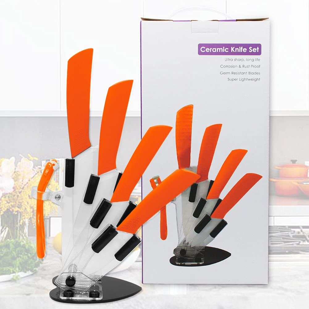 5-Pieces Ceramic Knife Set,Sharp Ceramic Knife with Block Stand,Steak Knife,Orange Kitchen Knives With Anti-Slip handle,Includes 6"Chef Knife,5"Utility Knife,4"Vegetable Knife,3"Bread Knife,1''Peeler