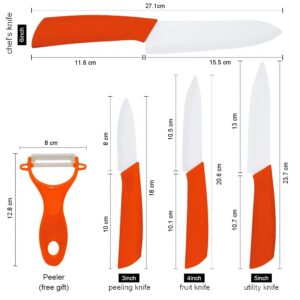 5-Pieces Ceramic Knife Set,Sharp Ceramic Knife with Block Stand,Steak Knife,Orange Kitchen Knives With Anti-Slip handle,Includes 6"Chef Knife,5"Utility Knife,4"Vegetable Knife,3"Bread Knife,1''Peeler