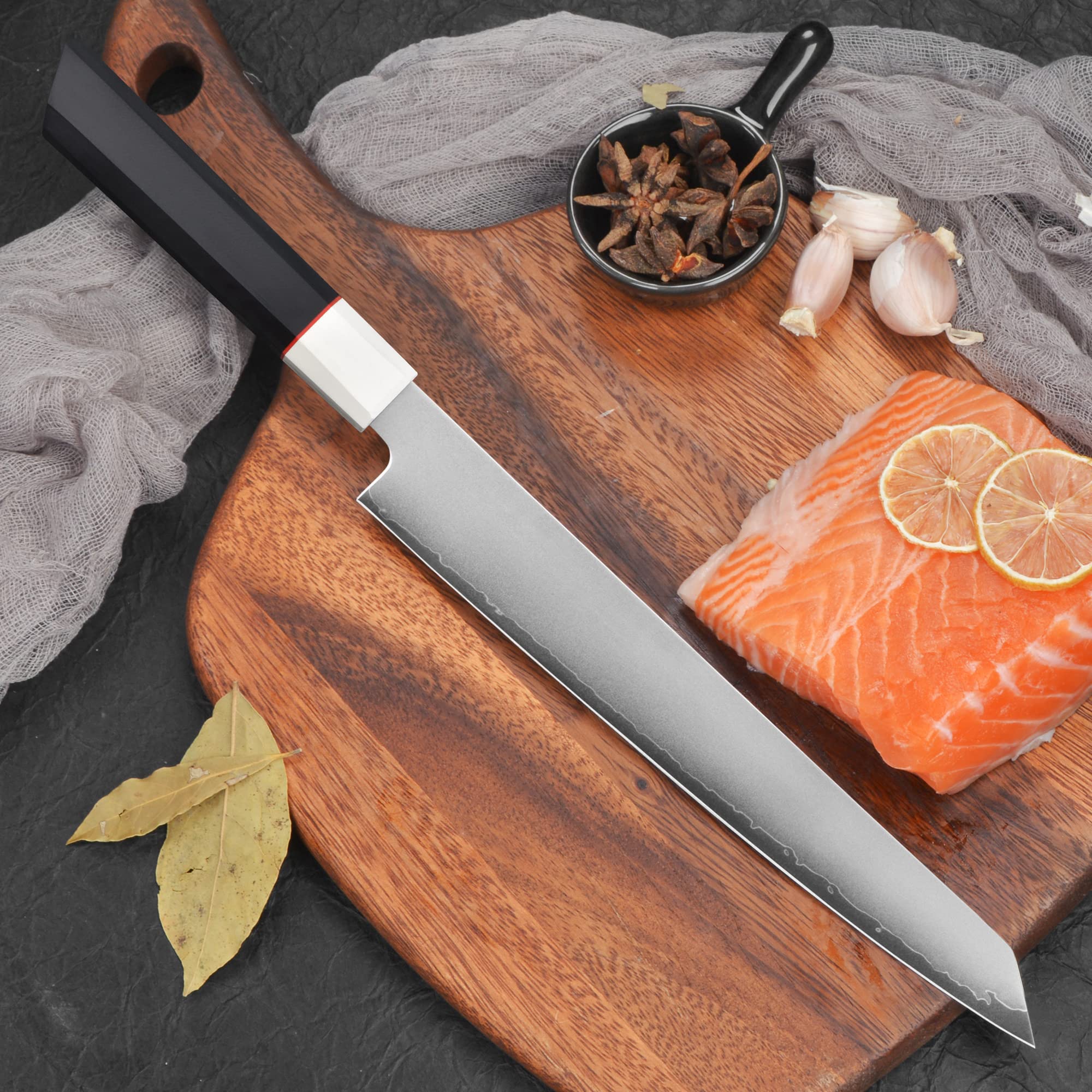 CULITECH Sujihiki Knife, 9.5 inches Sharp Stainless Double Edged Sashimi/Sushi Knife with G10 Octagonal Handle for Kitchen and Restaurant used