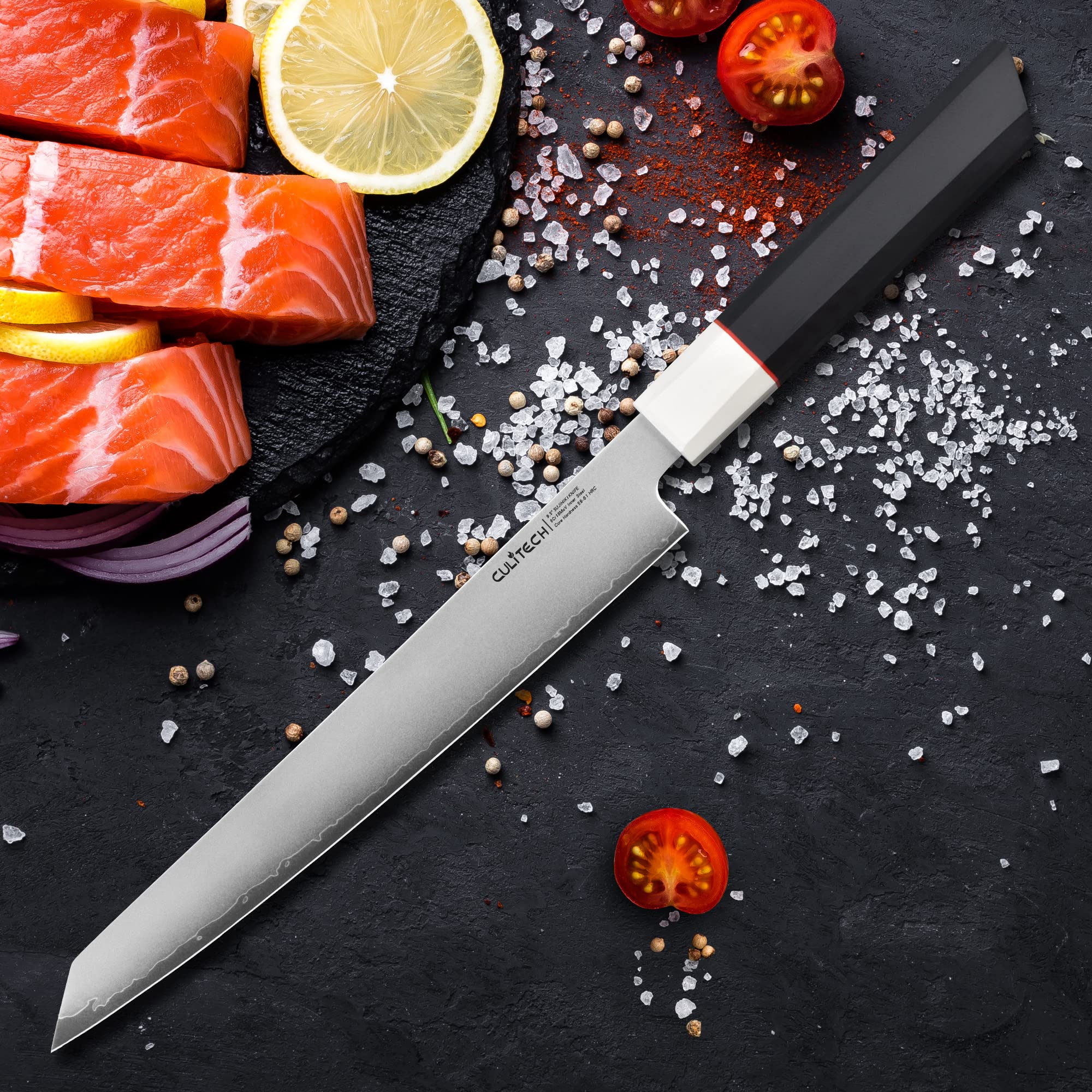 CULITECH Sujihiki Knife, 9.5 inches Sharp Stainless Double Edged Sashimi/Sushi Knife with G10 Octagonal Handle for Kitchen and Restaurant used