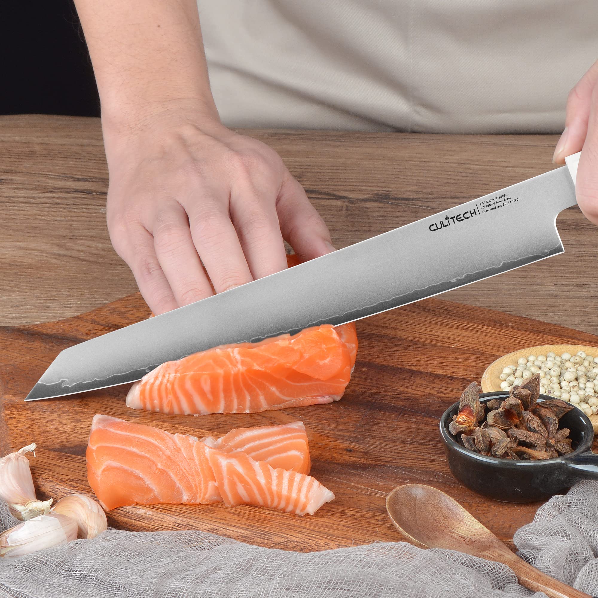 CULITECH Sujihiki Knife, 9.5 inches Sharp Stainless Double Edged Sashimi/Sushi Knife with G10 Octagonal Handle for Kitchen and Restaurant used