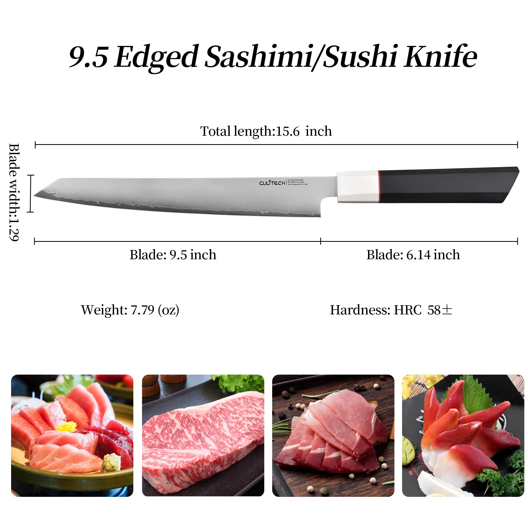 CULITECH Sujihiki Knife, 9.5 inches Sharp Stainless Double Edged Sashimi/Sushi Knife with G10 Octagonal Handle for Kitchen and Restaurant used