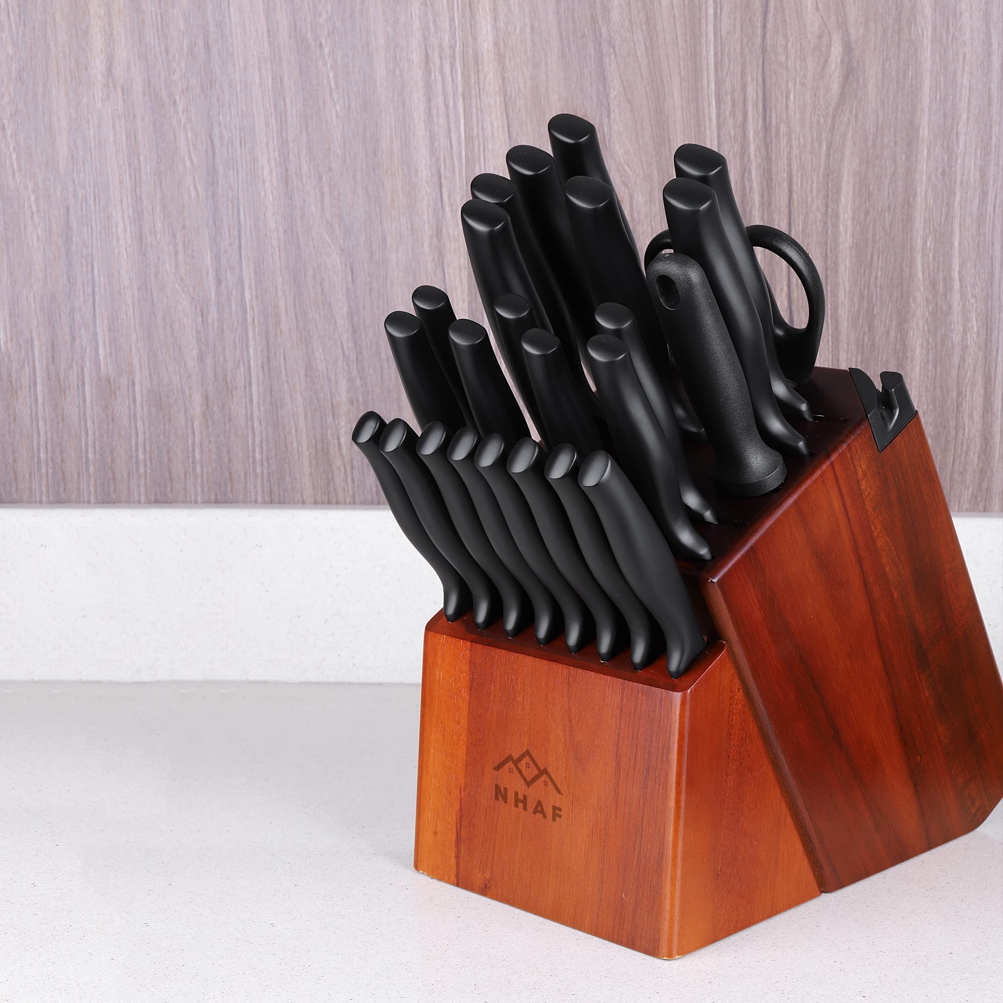 24 Slot Knife Block without Knives, Built-in Sharpener, NHAF Premium Wooden Knife Storage Block, Rubber & Acacia Wood Knife Block, Kitchen Knife Holder (3 gifts accessories included)