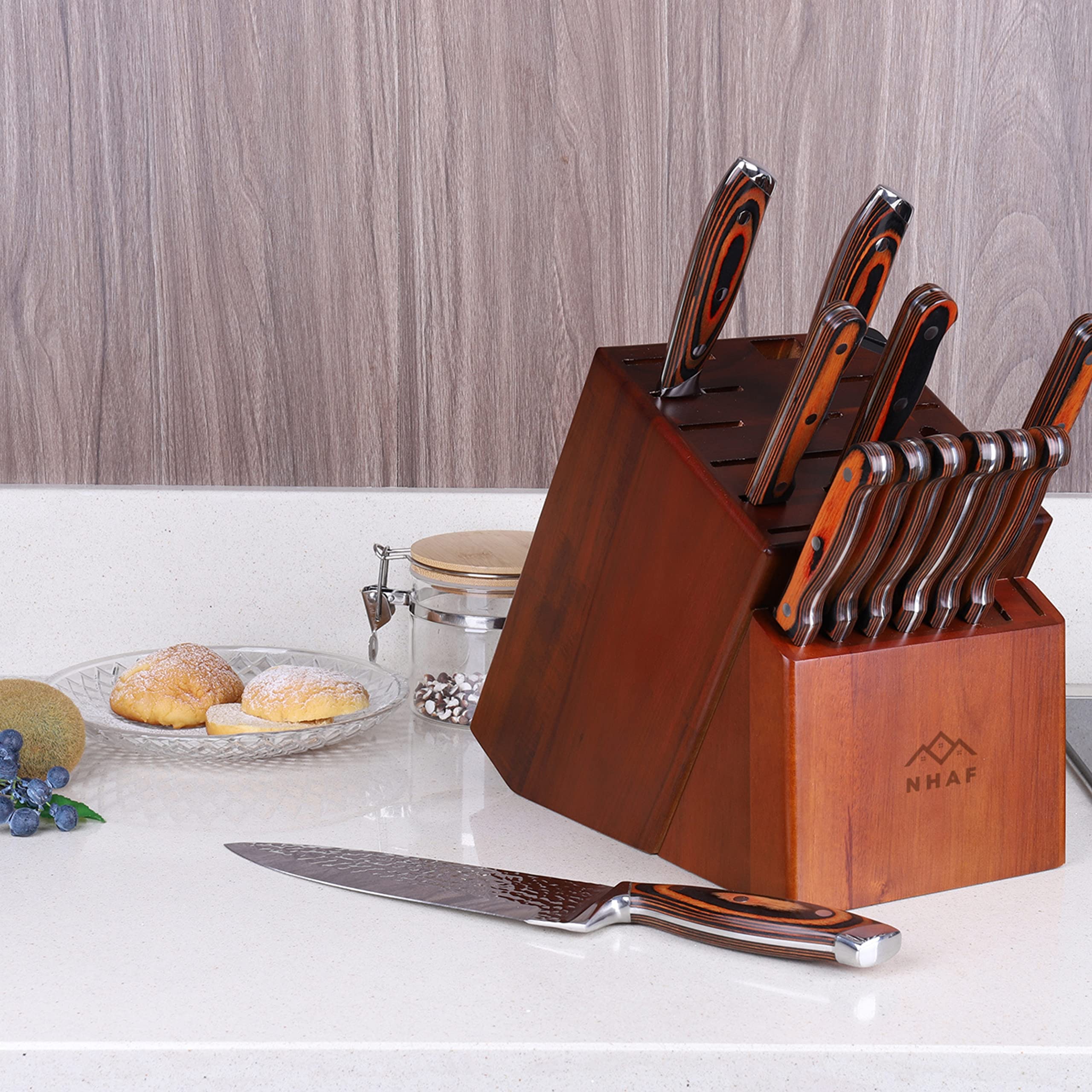 24 Slot Knife Block without Knives, Built-in Sharpener, NHAF Premium Wooden Knife Storage Block, Rubber & Acacia Wood Knife Block, Kitchen Knife Holder (3 gifts accessories included)