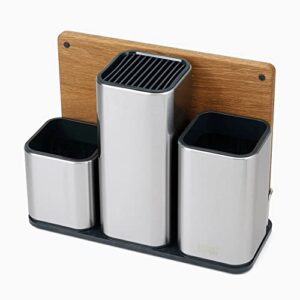 joseph joseph counterstore kitchen utensil holder knife block and cutting board set, stainless steel