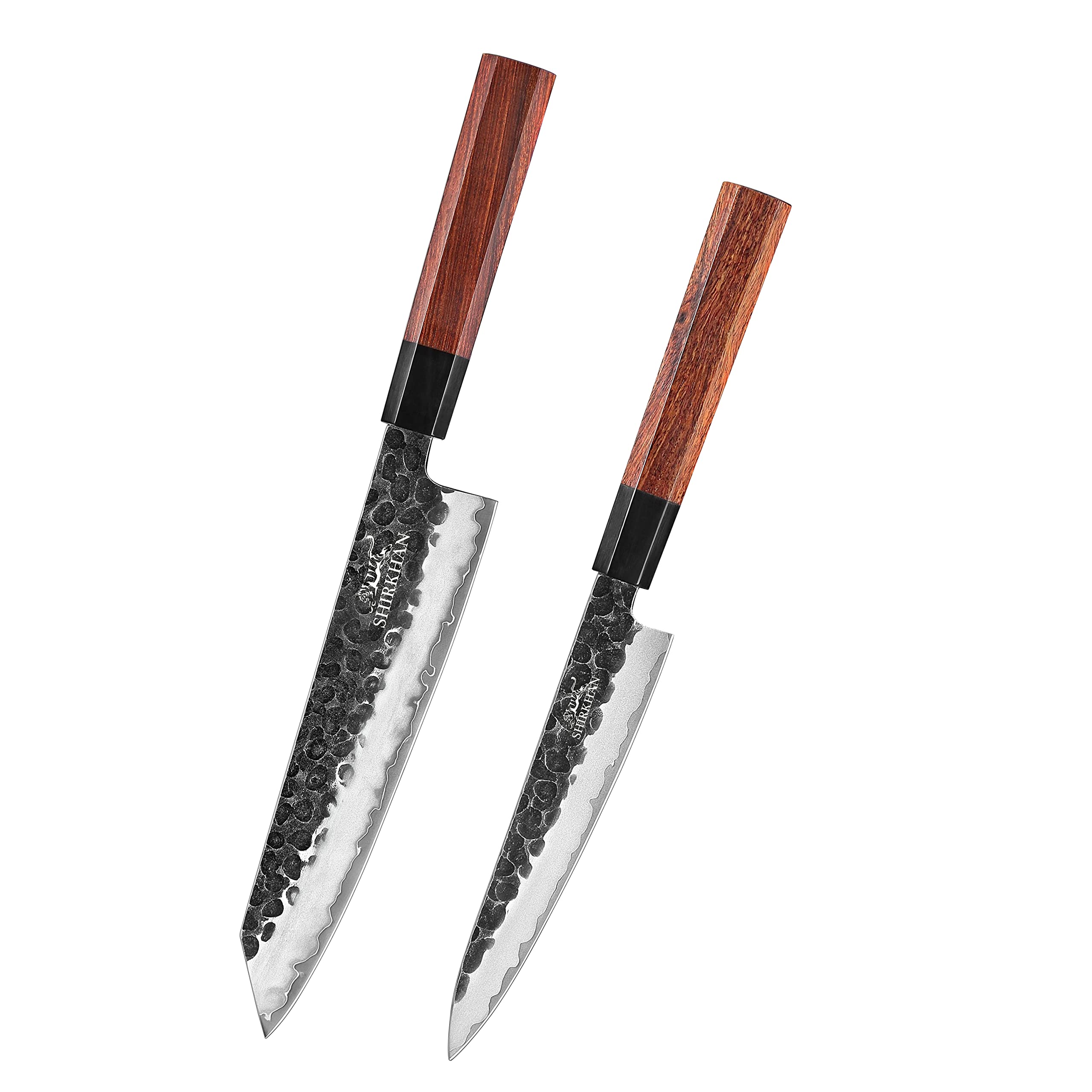 SHIRKHAN Professional Japanese Kitchen Knives 2 Pcs Set - Chef & Utility Knife - High Carbon 10Cr15CoMoV Hand Hammered Clad Steel - Octagon Redwood Handle