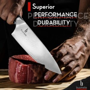 Japanese Damascus Chef Knife with Whetstone Sharpener – 8 inch Professional VG10 Chefs Knife – Full Tang Sharp Japanese Chef Knife with G10 Handle and Protective Sheath