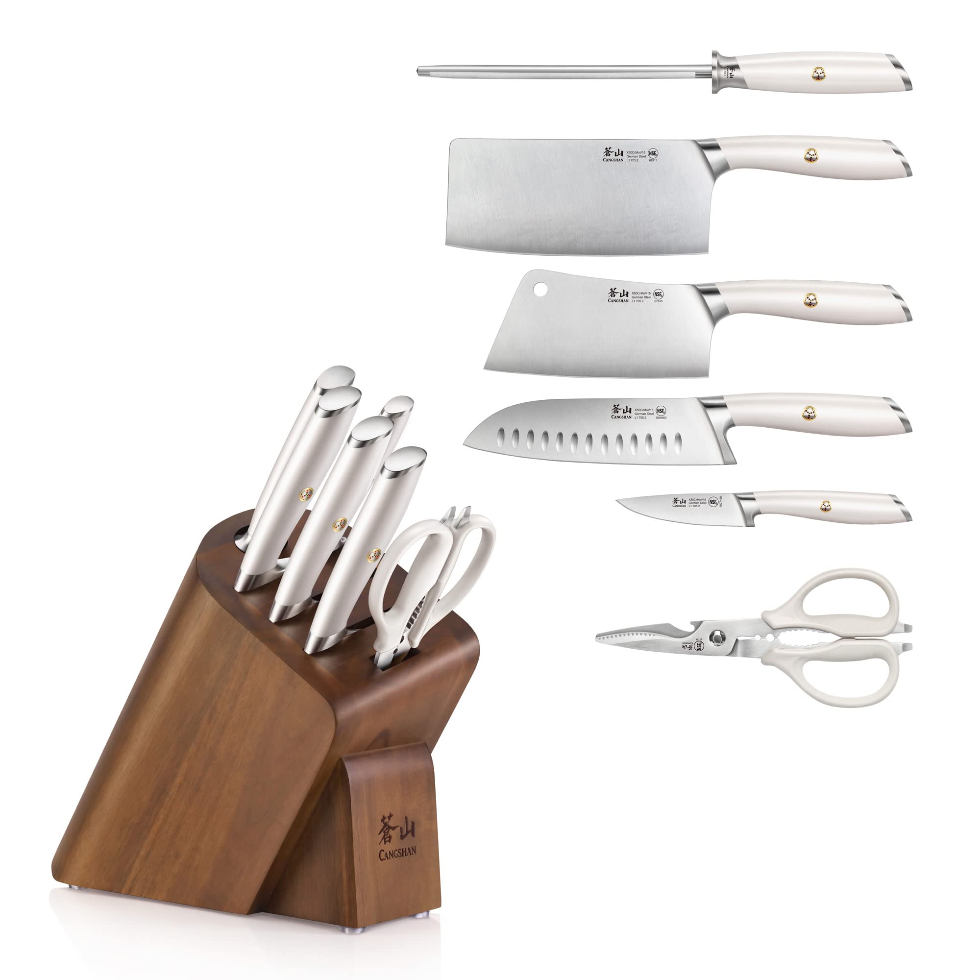 Cangshan L1 Series 1027129 German Steel forged 7-Piece Cleaver Knife Block Set, White