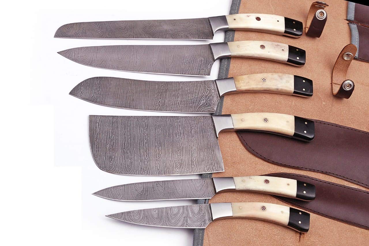 GladiatorsGuild G28B- Professional Kitchen Knives Custom Made Damascus Steel 6 pcs of Professional Utility Chef Kitchen Knife Set with Chopper/Cleaver Black Horn (at end) G28B (White Bone)