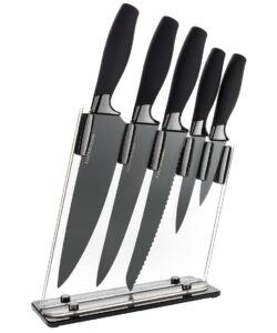 luxhomewares 6 piece knife set | 5 beautiful black titanium knives with block sharp kitchen sets multiple size, all purpose 8 inch chef, bread, & carving utility paring