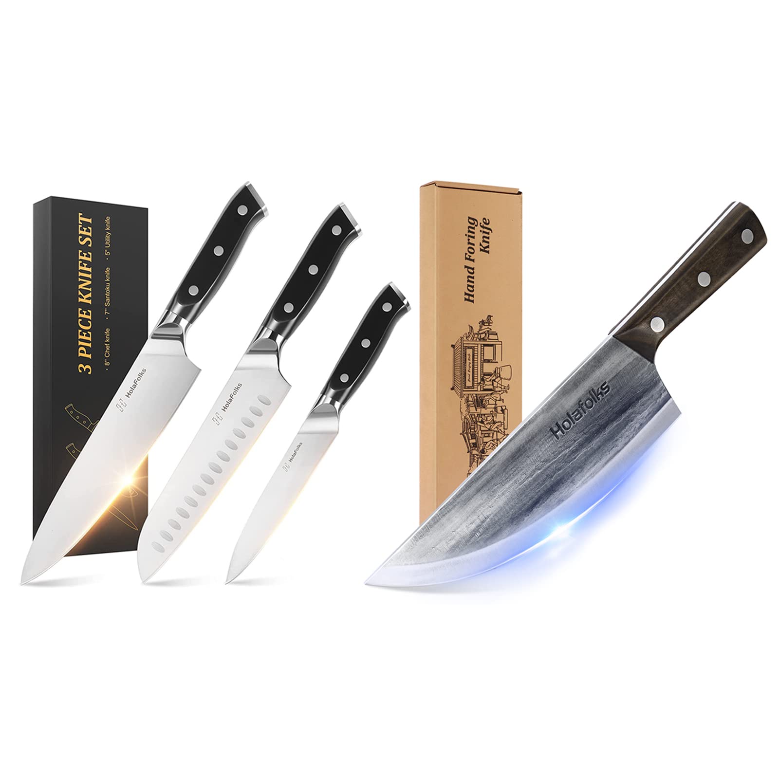 HolaFolks Anti-Rust Oil Coating Hand Forged High Carbon Steel Dividing Knife&3 PCS Professional Sharp Chef Knife Set