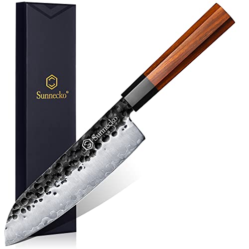 Sunnecko Japanese Santoku Chef Knife - 7 Inch Kitchen Cooking Knife,Hand Forged Professional Chefs Knife,3 Layers 9CR18MOV High Carbon Clad Steel,Ergonomic Rosewood Octagonal Handle