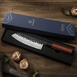 Sunnecko Japanese Santoku Chef Knife - 7 Inch Kitchen Cooking Knife,Hand Forged Professional Chefs Knife,3 Layers 9CR18MOV High Carbon Clad Steel,Ergonomic Rosewood Octagonal Handle