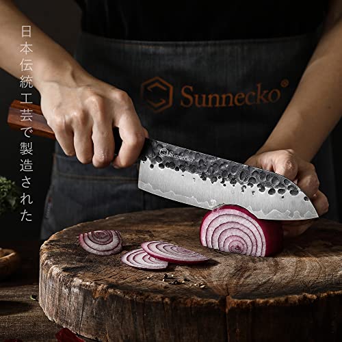 Sunnecko Japanese Santoku Chef Knife - 7 Inch Kitchen Cooking Knife,Hand Forged Professional Chefs Knife,3 Layers 9CR18MOV High Carbon Clad Steel,Ergonomic Rosewood Octagonal Handle