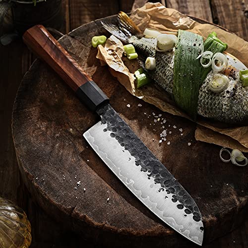 Sunnecko Japanese Santoku Chef Knife - 7 Inch Kitchen Cooking Knife,Hand Forged Professional Chefs Knife,3 Layers 9CR18MOV High Carbon Clad Steel,Ergonomic Rosewood Octagonal Handle