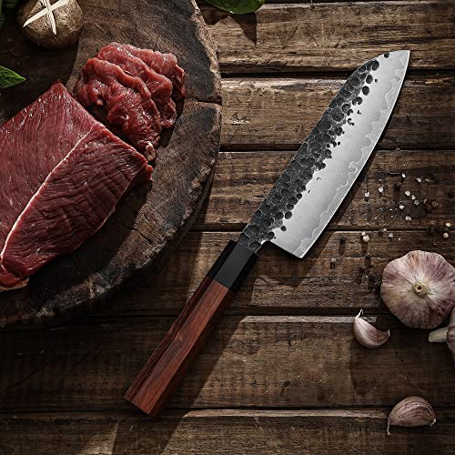 Sunnecko Japanese Santoku Chef Knife - 7 Inch Kitchen Cooking Knife,Hand Forged Professional Chefs Knife,3 Layers 9CR18MOV High Carbon Clad Steel,Ergonomic Rosewood Octagonal Handle